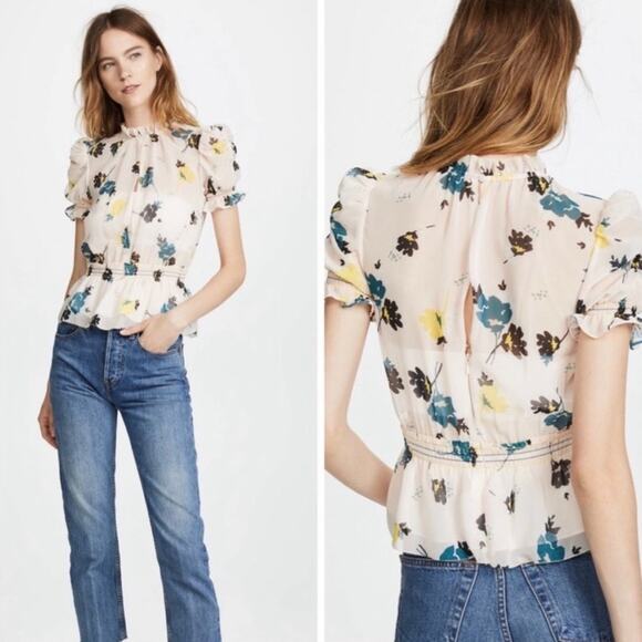 Self-Portrait | Tops | Self Portrait Blouse Floral Pink Chiffon Puff ...